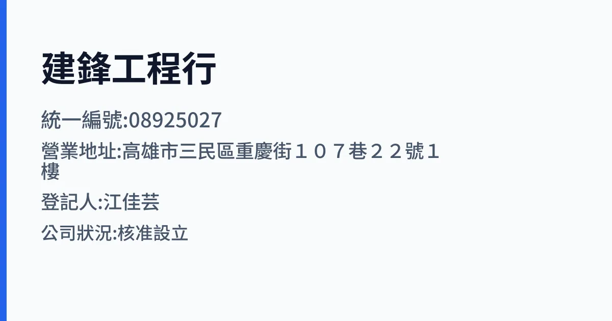 建鋒工程行 - 統編 08925027(高雄市) 公司登記資料與營業項目詳細圖表
