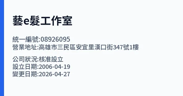 藝e髮工作室的照片-統編 08926095(高雄市) 公司登記資料與營業項目詳細圖表