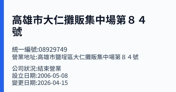 高雄市大仁攤販集中場第８４號的照片-統編 08929749(高雄市) 公司登記資料與營業項目詳細圖表