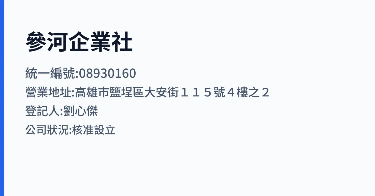 參河企業社 - 統編 08930160(高雄市) 公司登記資料與營業項目詳細圖表