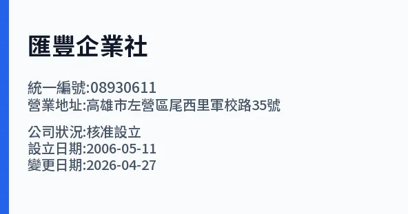 匯豐企業社的照片-統編 08930611(高雄市) 公司登記資料與營業項目詳細圖表