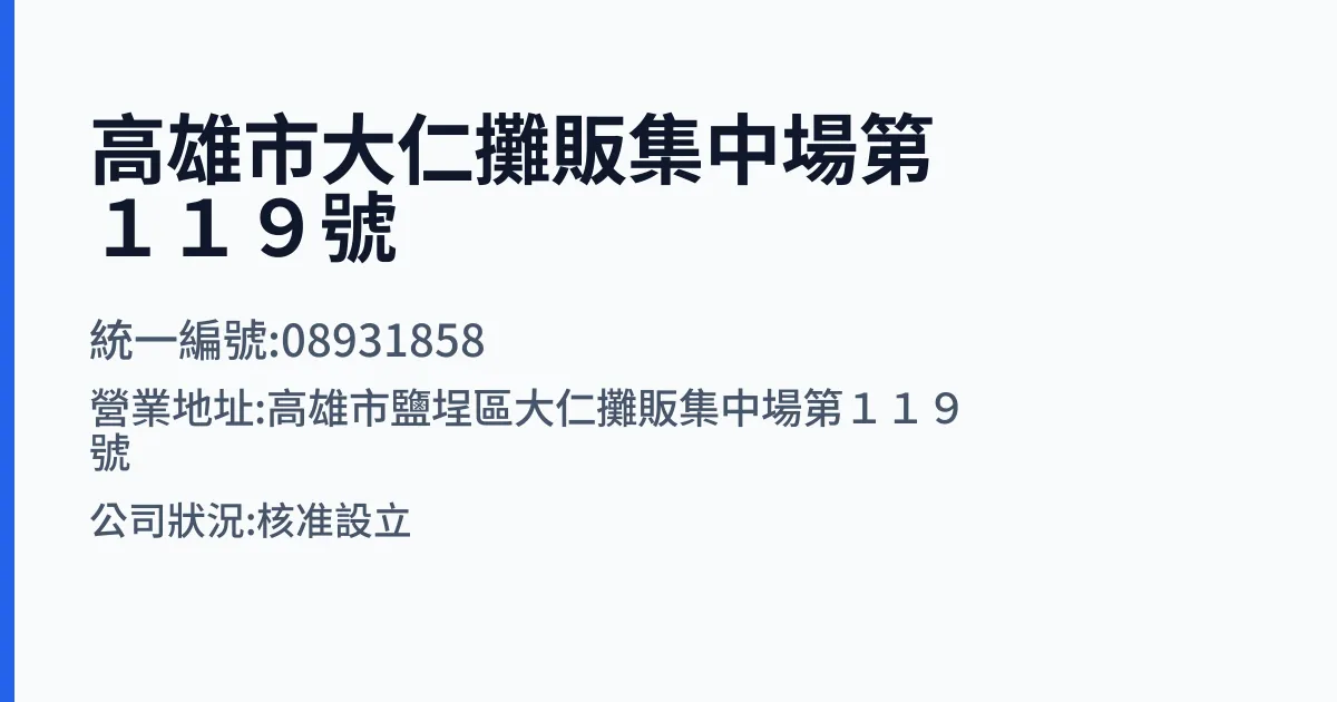 高雄市大仁攤販集中場第１１９號 - 統編 08931858(高雄市) 公司登記資料與營業項目詳細圖表