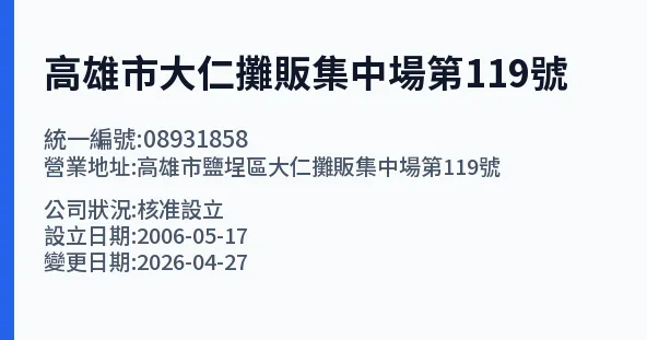 高雄市大仁攤販集中場第119號的照片-統編 08931858(高雄市) 公司登記資料與營業項目詳細圖表
