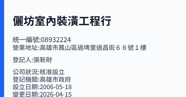 儷坊室內裝潢工程行的照片-統編 08932224(高雄市) 公司登記資料與營業項目詳細圖表