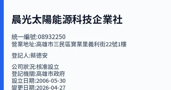 晨光太陽能源科技企業社的照片-統編 08932250(高雄市) 公司登記資料與營業項目詳細圖表