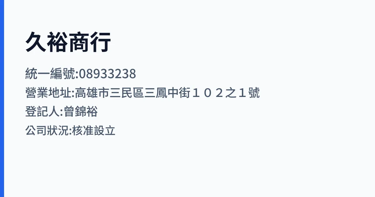 久裕商行 - 統編 08933238(高雄市) 公司登記資料與營業項目詳細圖表