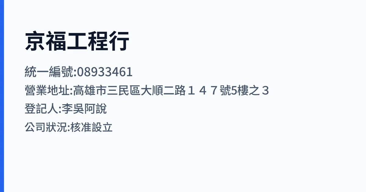 京福工程行 - 統編 08933461(高雄市) 公司登記資料與營業項目詳細圖表