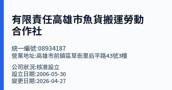 有限責任高雄市魚貨搬運勞動合作社的照片-統編 08934187(高雄市) 公司登記資料與營業項目詳細圖表