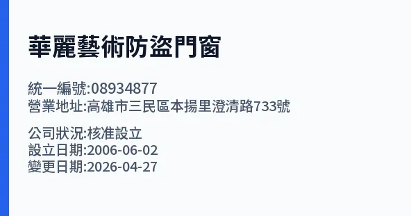 華麗藝術防盜門窗的照片-統編 08934877(高雄市) 公司登記資料與營業項目詳細圖表