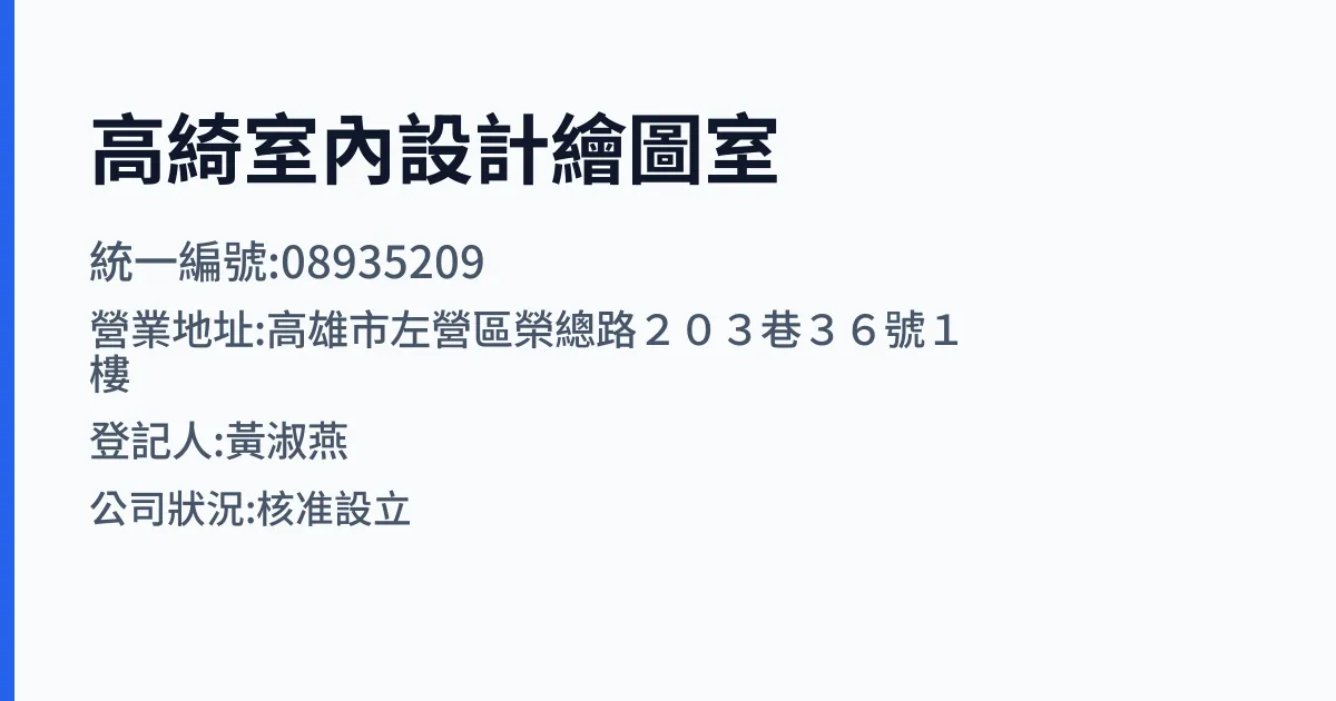 高綺室內設計繪圖室 - 統編 08935209(高雄市) 公司登記資料與營業項目詳細圖表
