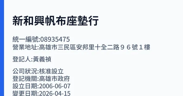 新和興帆布座墊行的照片-統編 08935475(高雄市) 公司登記資料與營業項目詳細圖表