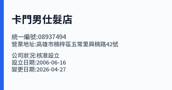 卡門男仕髮店的照片-統編 08937494(高雄市) 公司登記資料與營業項目詳細圖表
