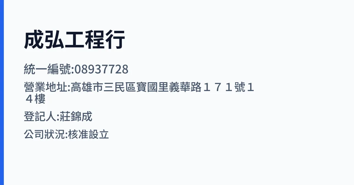 成弘工程行 - 統編 08937728(高雄市) 公司登記資料與營業項目詳細圖表