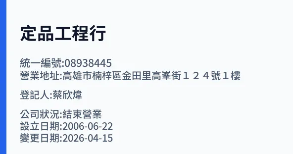 定品工程行的照片-統編 08938445(高雄市) 公司登記資料與營業項目詳細圖表