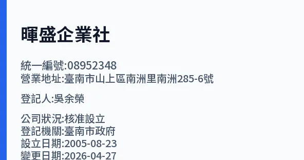 暉盛企業社的照片-統編 08952348(臺南市) 公司登記資料與營業項目詳細圖表