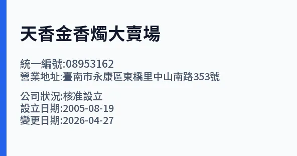 天香金香燭大賣場的照片-統編 08953162(臺南市) 公司登記資料與營業項目詳細圖表