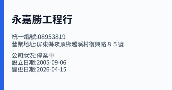 永嘉勝工程行的照片-統編 08953819(屏東縣) 公司登記資料與營業項目詳細圖表