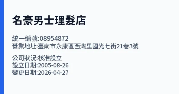 名豪男士理髮店的照片-統編 08954872(臺南市) 公司登記資料與營業項目詳細圖表
