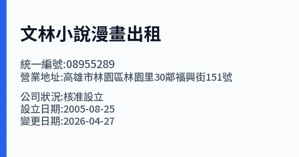 文林小說漫畫出租的照片-統編 08955289(高雄市) 公司登記資料與營業項目詳細圖表