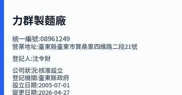 力群製麵廠的照片-統編 08961249(臺東縣) 公司登記資料與營業項目詳細圖表
