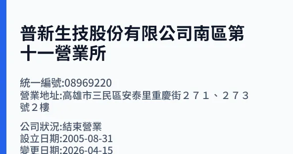 普新生技股份有限公司南區第十一營業所的照片-統編 08969220(高雄市) 公司登記資料與營業項目詳細圖表