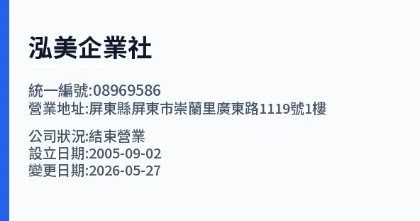 泓美企業社的照片-統編 08969586(屏東縣) 公司登記資料與營業項目詳細圖表