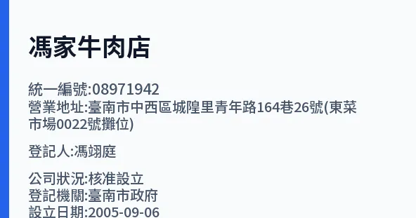 馮家牛肉店的照片-統編 08971942(臺南市) 公司登記資料與營業項目詳細圖表