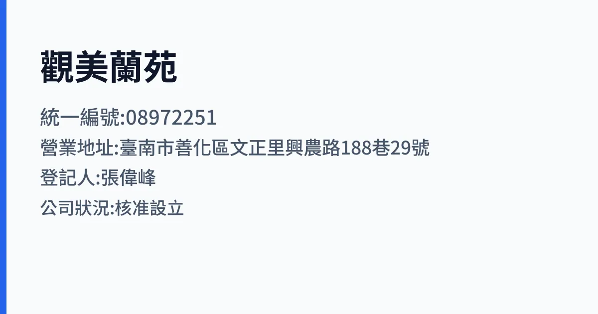 觀美蘭苑 - 統編 08972251(臺南市) 公司登記資料與營業項目詳細圖表