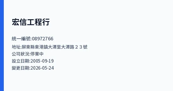 宏信工程行的照片-統編 08972766(屏東縣) 公司登記資料與營業項目詳細圖表