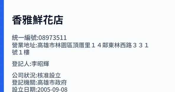 香雅鮮花店的照片-統編 08973511(高雄市) 公司登記資料與營業項目詳細圖表