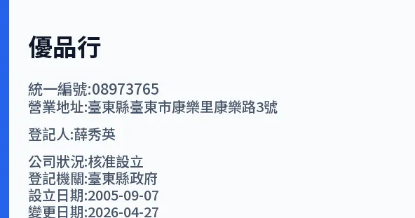 優品行的照片-統編 08973765(臺東縣) 公司登記資料與營業項目詳細圖表