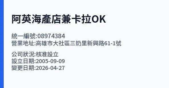 阿英海產店兼卡拉OK的照片-統編 08974384(高雄市) 公司登記資料與營業項目詳細圖表
