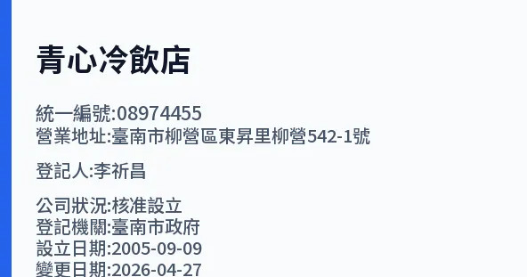 青心冷飲店的照片-統編 08974455(臺南市) 公司登記資料與營業項目詳細圖表
