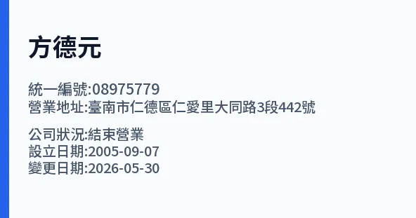 方德元的照片-統編 08975779(臺南市) 公司登記資料與營業項目詳細圖表