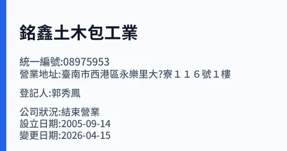 銘鑫土木包工業的照片-統編 08975953(臺南市) 公司登記資料與營業項目詳細圖表
