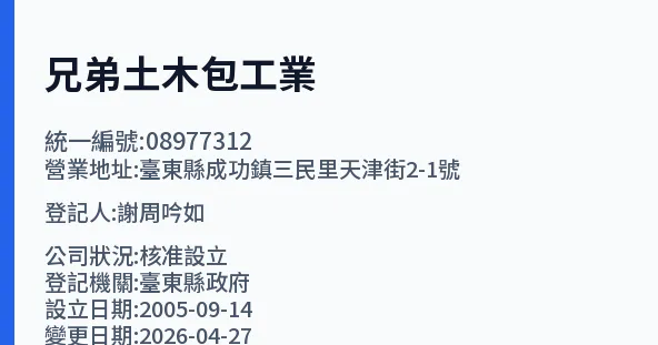兄弟土木包工業的照片-統編 08977312(臺東縣) 公司登記資料與營業項目詳細圖表