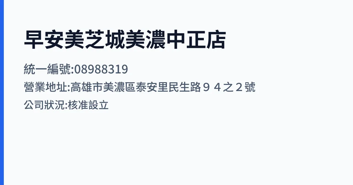 早安美芝城美濃中正店 - 統編 08988319(高雄市) 公司登記資料與營業項目詳細圖表
