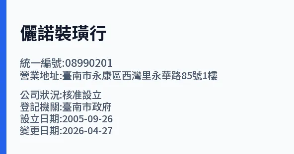 儷諾裝璜行的照片-統編 08990201(臺南市) 公司登記資料與營業項目詳細圖表