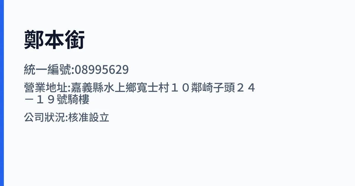 鄭本銜 - 統編 08995629(嘉義縣) 公司登記資料與營業項目詳細圖表