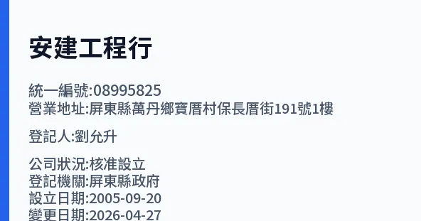 安建工程行的照片-統編 08995825(屏東縣) 公司登記資料與營業項目詳細圖表