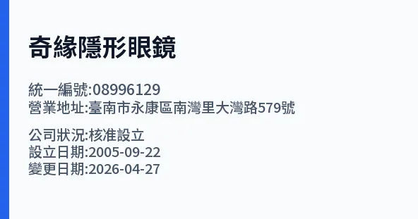 奇緣隱形眼鏡的照片-統編 08996129(臺南市) 公司登記資料與營業項目詳細圖表