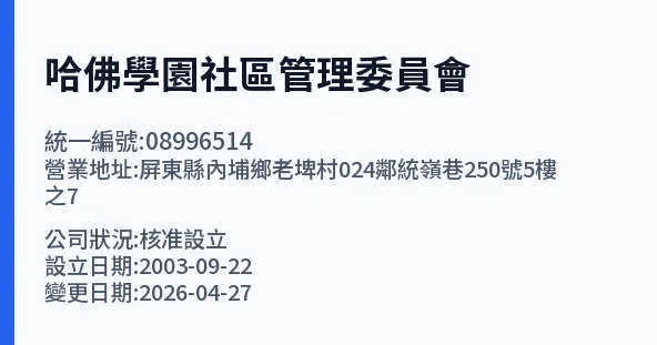 哈佛學園社區管理委員會的照片-統編 08996514(屏東縣) 公司登記資料與營業項目詳細圖表
