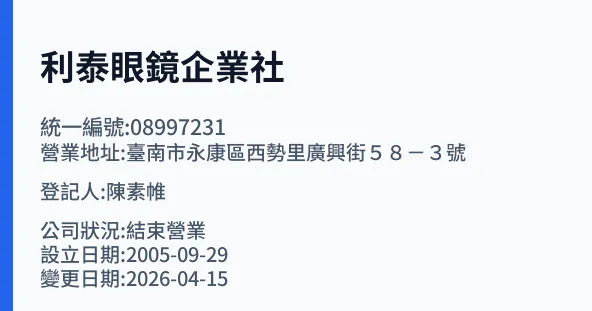 利泰眼鏡企業社的照片-統編 08997231(臺南市) 公司登記資料與營業項目詳細圖表