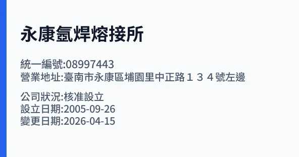永康氬焊熔接所的照片-統編 08997443(臺南市) 公司登記資料與營業項目詳細圖表