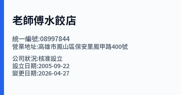老師傅水餃店的照片-統編 08997844(高雄市) 公司登記資料與營業項目詳細圖表