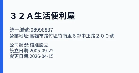 ３２Ａ生活便利屋的照片-統編 08998837(高雄市) 公司登記資料與營業項目詳細圖表