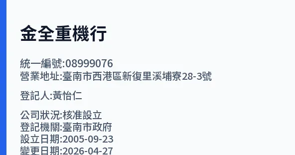 金全重機行的照片-統編 08999076(臺南市) 公司登記資料與營業項目詳細圖表