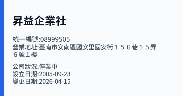 昇益企業社的照片-統編 08999505(臺南市) 公司登記資料與營業項目詳細圖表