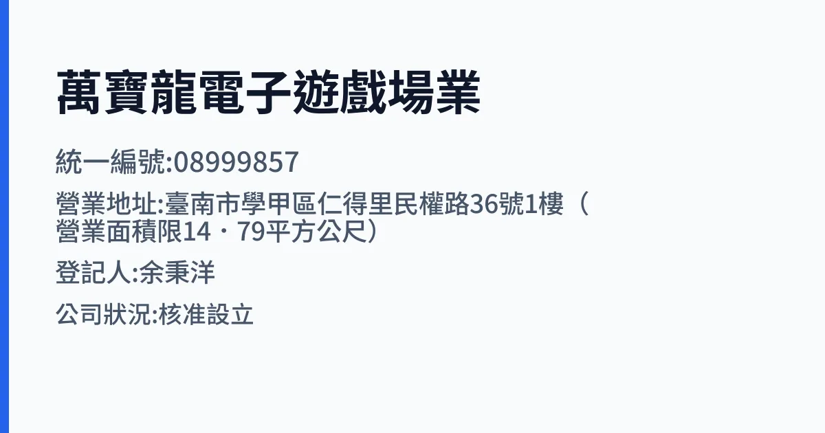 萬寶龍電子遊戲場業 - 統編 08999857(臺南市) 公司登記資料與營業項目詳細圖表