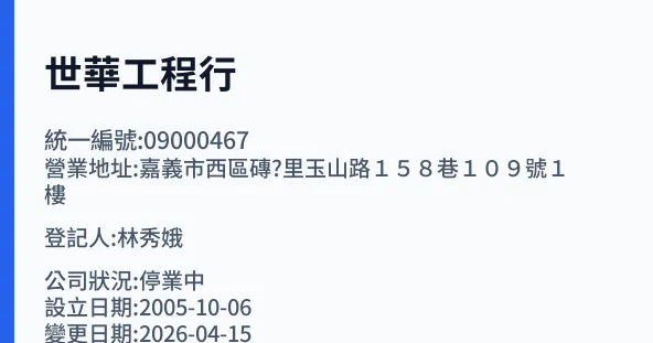 世華工程行的照片-統編 09000467(嘉義市) 公司登記資料與營業項目詳細圖表
